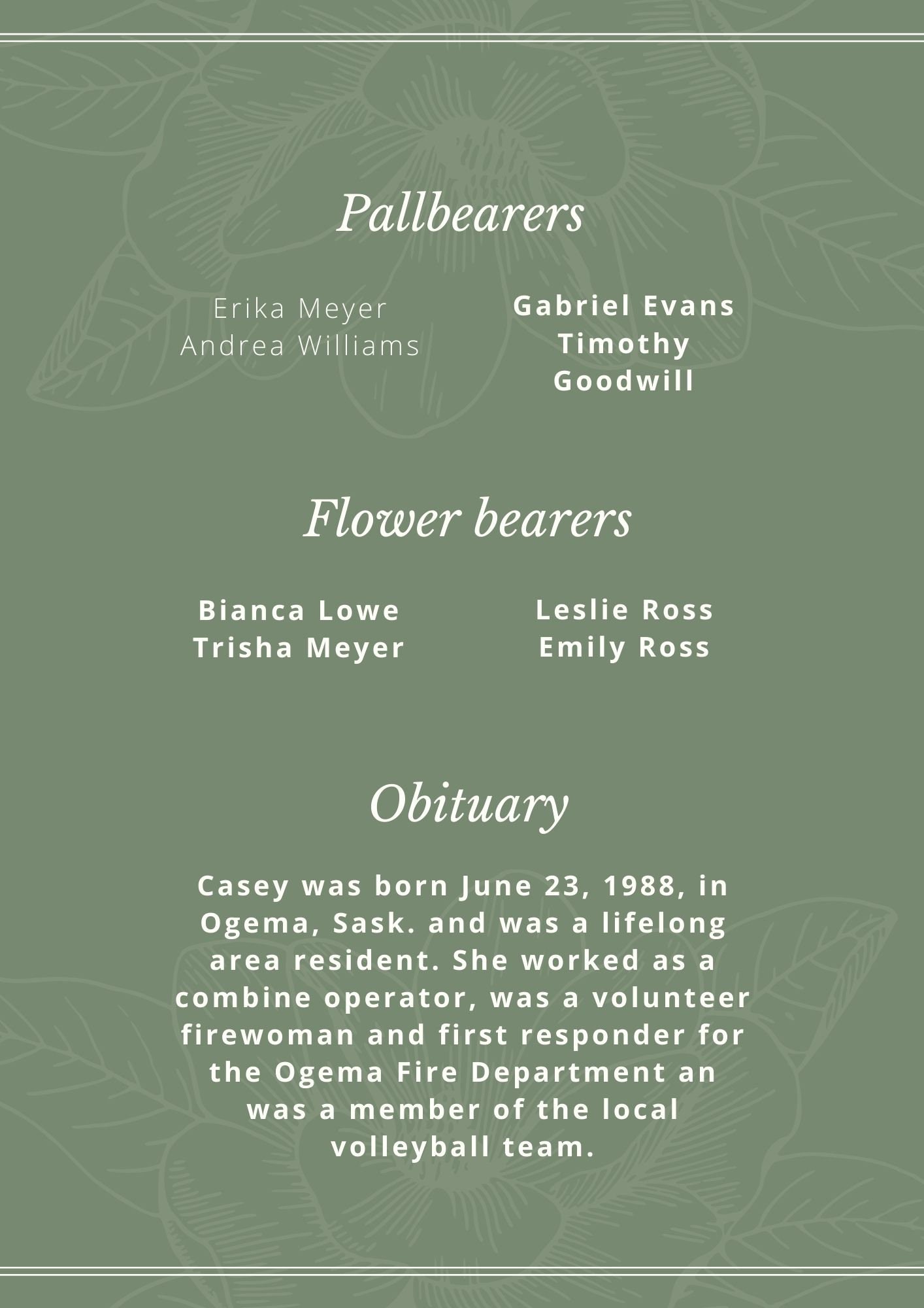 OBITUARY PROGRAM, FEMALE Funeral, in Loving Memory of Casey Adamson ...