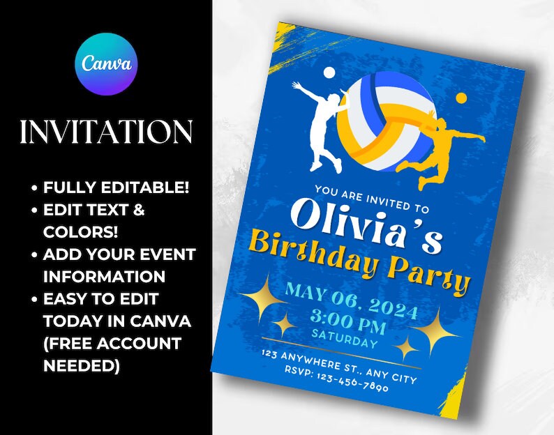 Volleyball Digital Birthday Invitation Card Template - Etsy