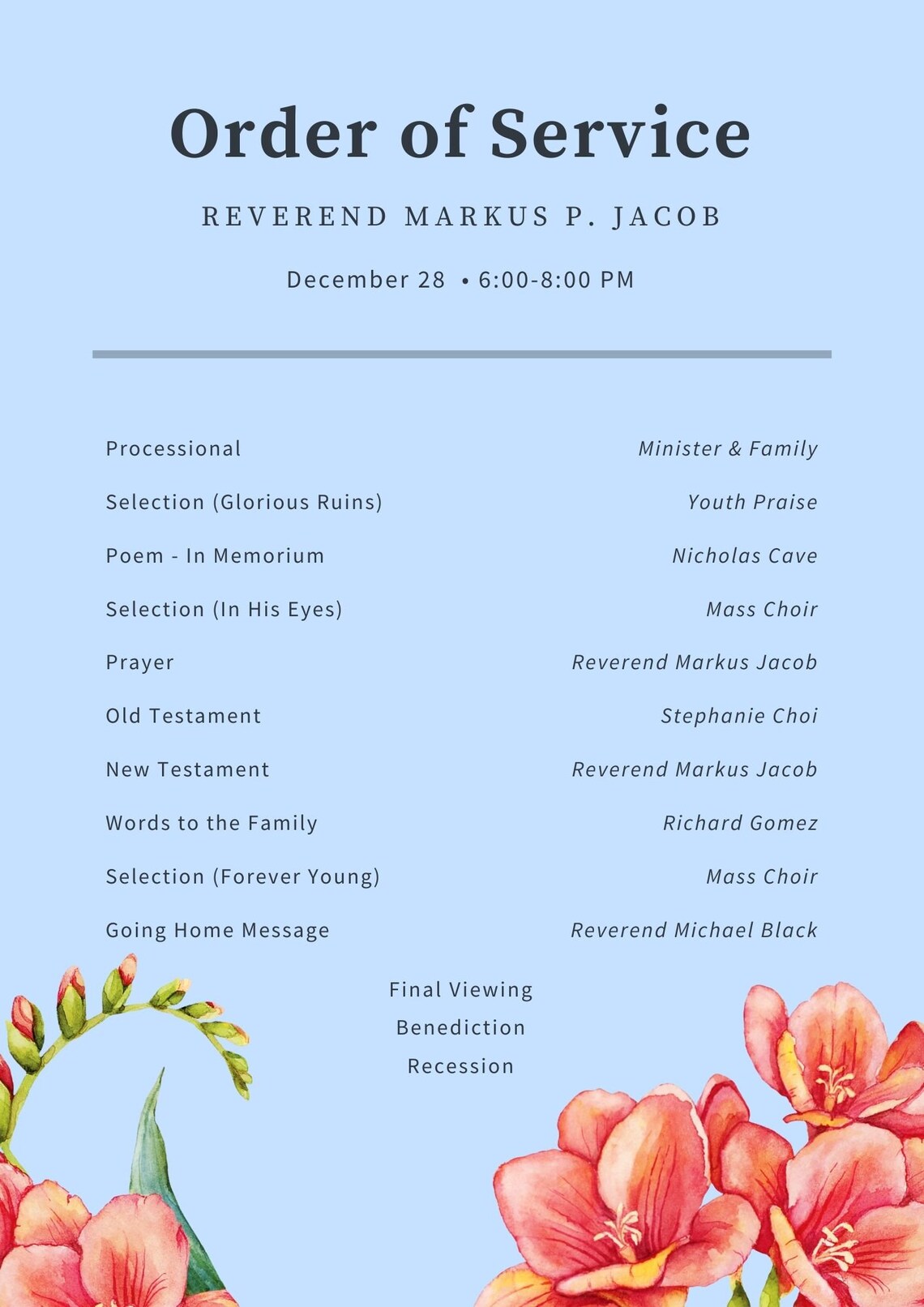 CEREMONY PROGRAM FUNERAL Template Digital Downloadable Order - Etsy