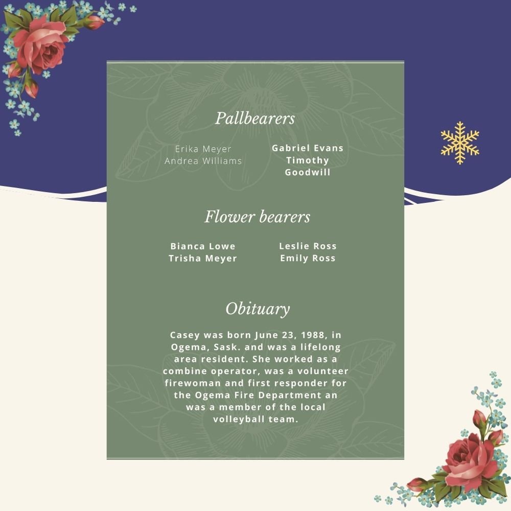 OBITUARY PROGRAM, FEMALE Funeral, in Loving Memory of Casey Adamson ...