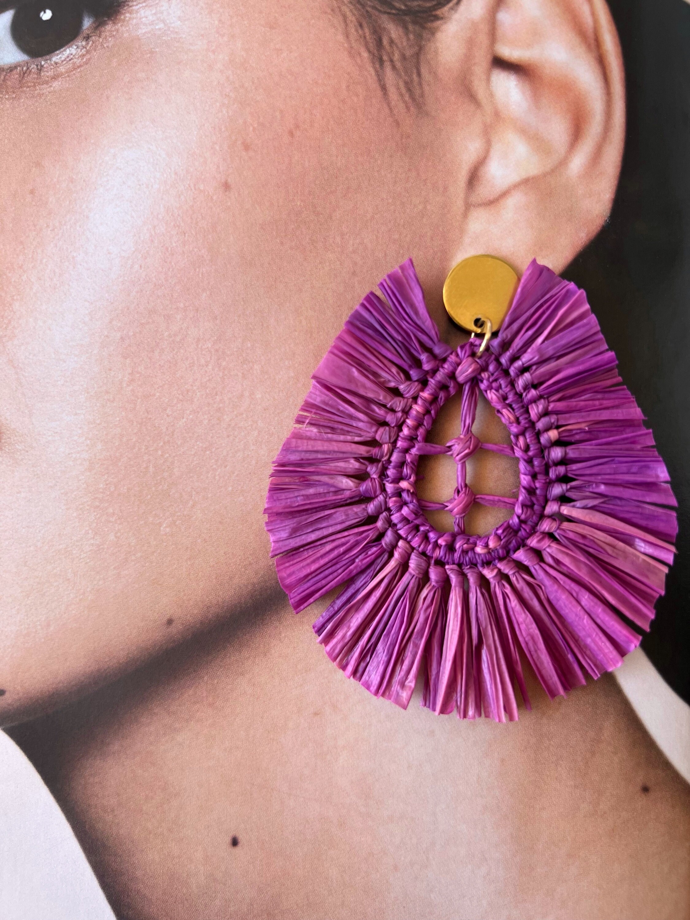 Teardrop Purple Raffia Earrings, Violet Raffia Fringe Drop Earrings ...