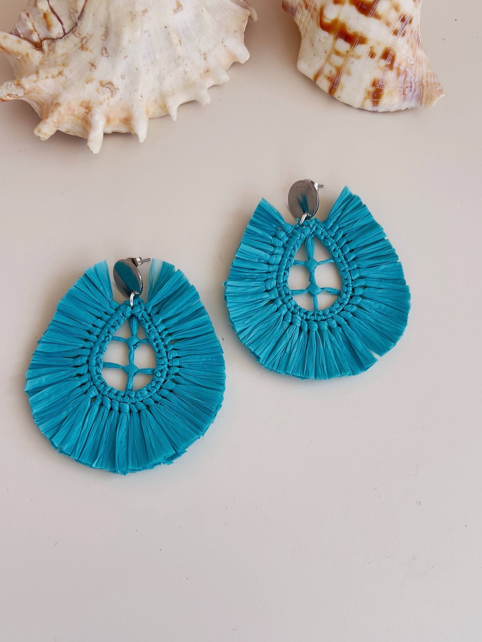 Teardrop Turquoise Natural Fiber Earrings Blue Raffia Fringe Drop
