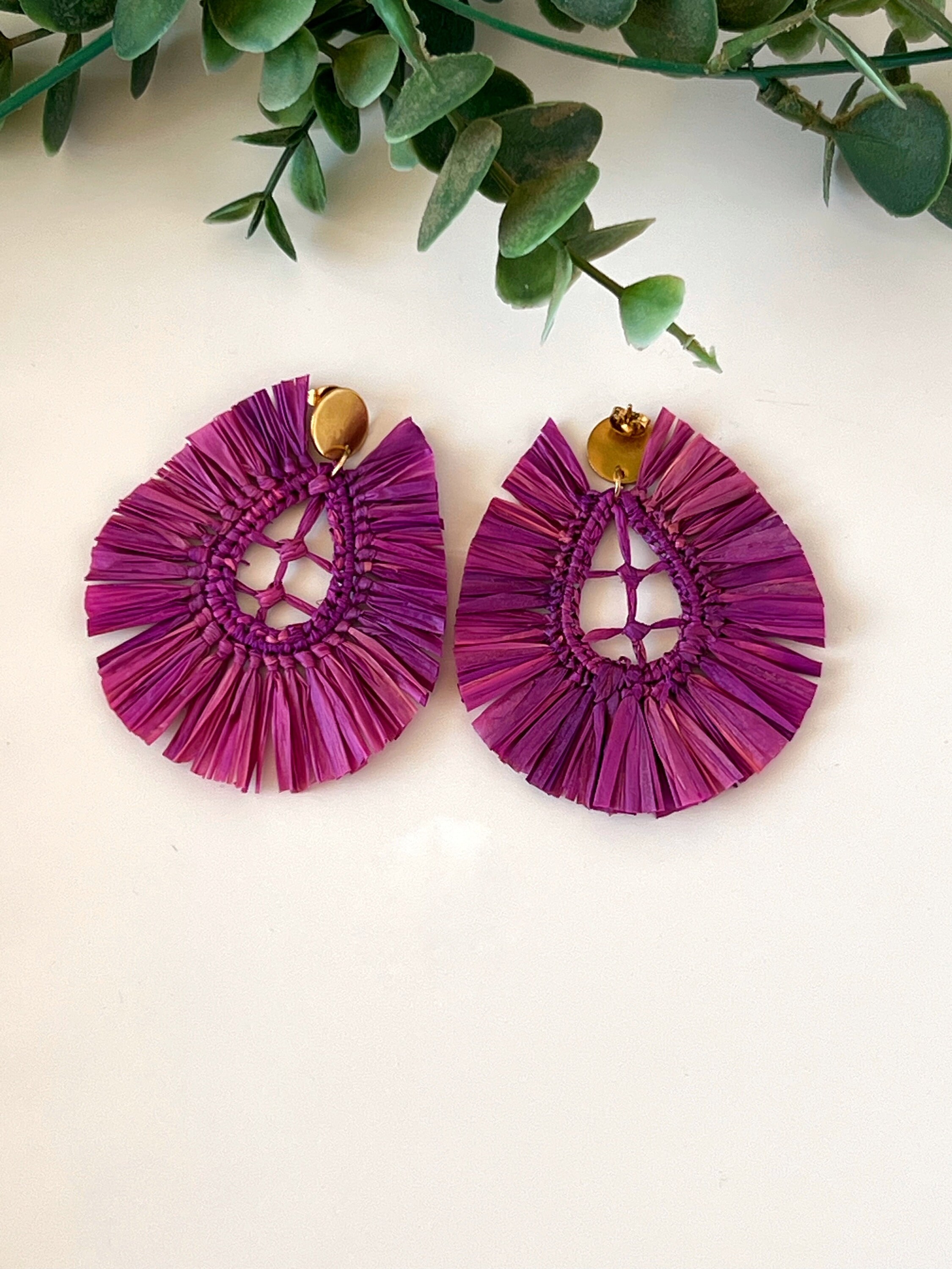 Teardrop Purple Raffia Earrings Violet Raffia Fringe Drop Earrings