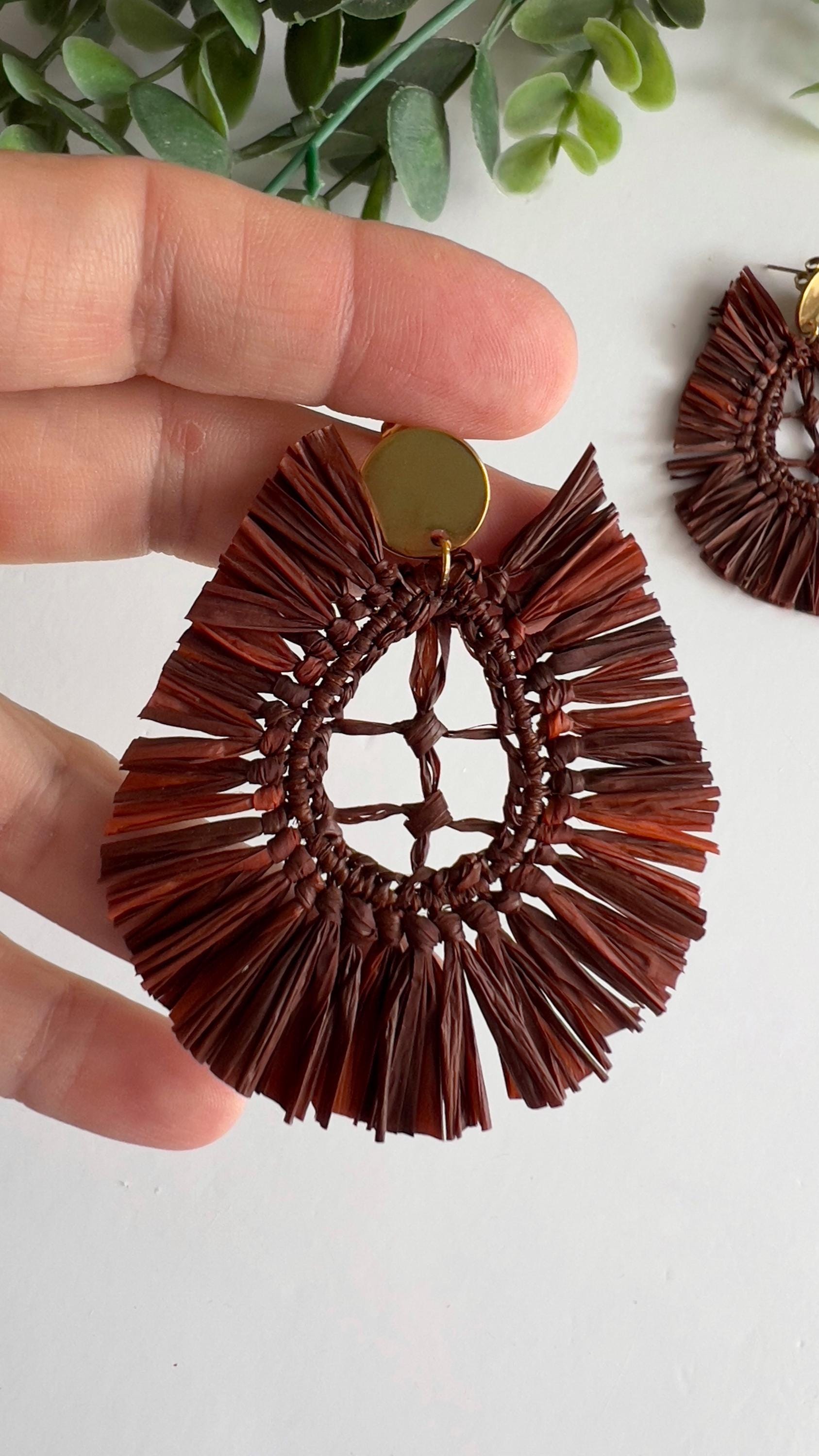 Teardrop Chocolate Brown Raffia Earrings Natural Fiber Fringe Drop