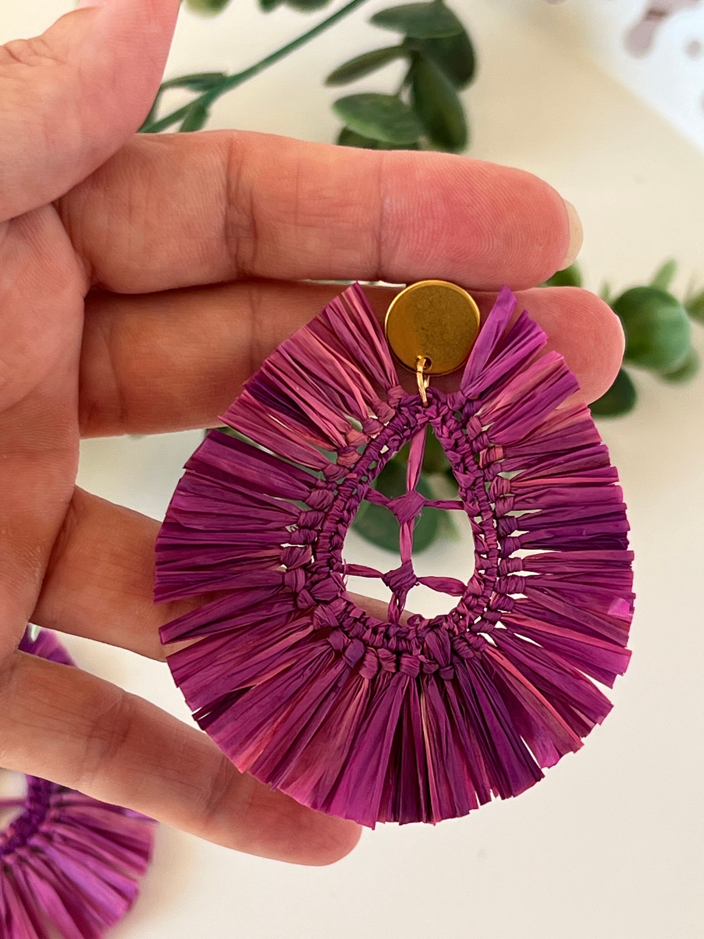 Teardrop Purple Raffia Earrings Violet Raffia Fringe Drop Earrings