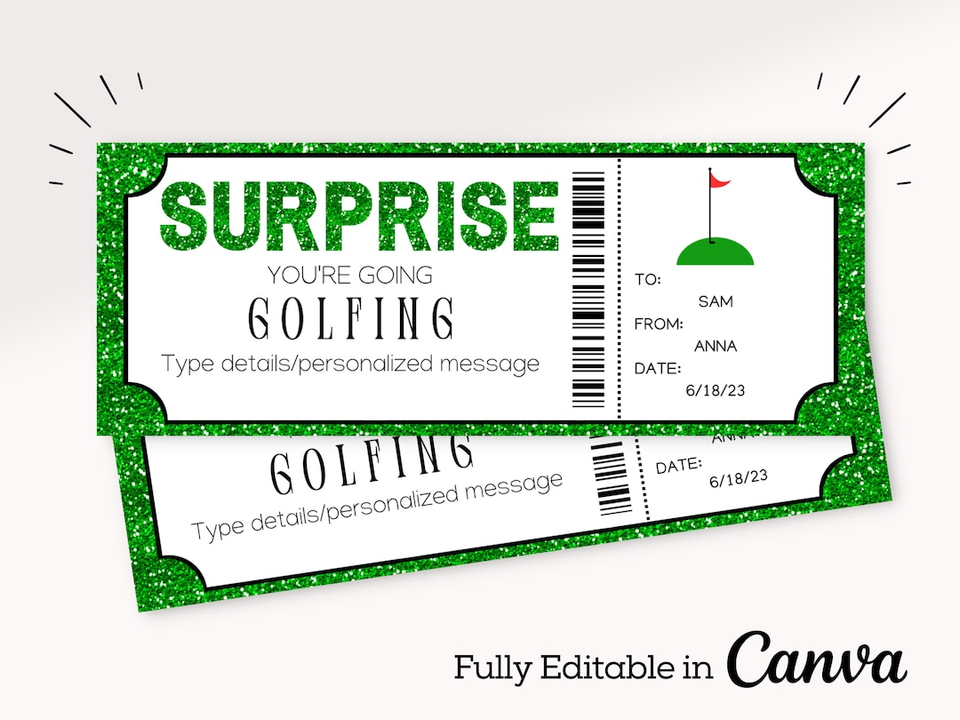 Green Glitter Printable Surprise Golf Ticket | Golf Voucher Template ...