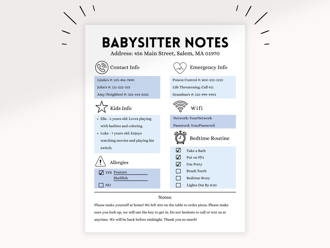 Blue Editable Babysitter Information Sheet Template | Printable ...