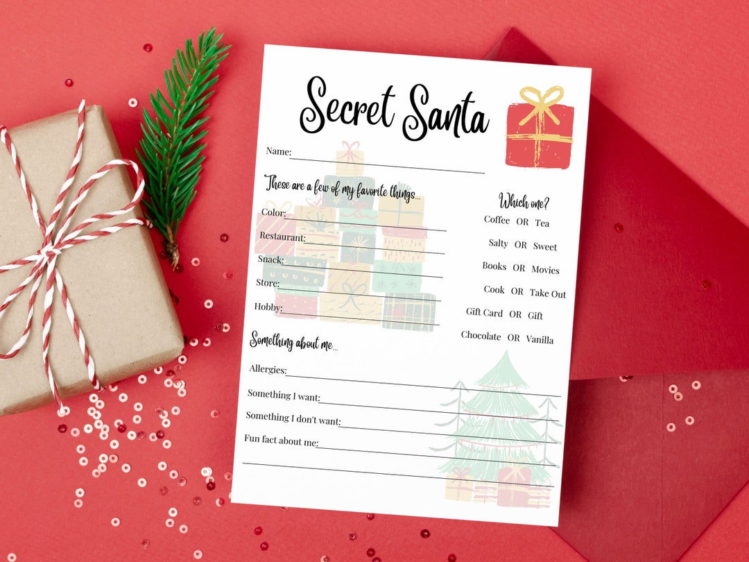 Printable Secret Santa Gift Exchange Questionnaire | Christmas Gift ...
