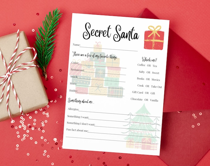 Printable Retro Secret Santa Gift Exchange Questionnaire, Christmas ...