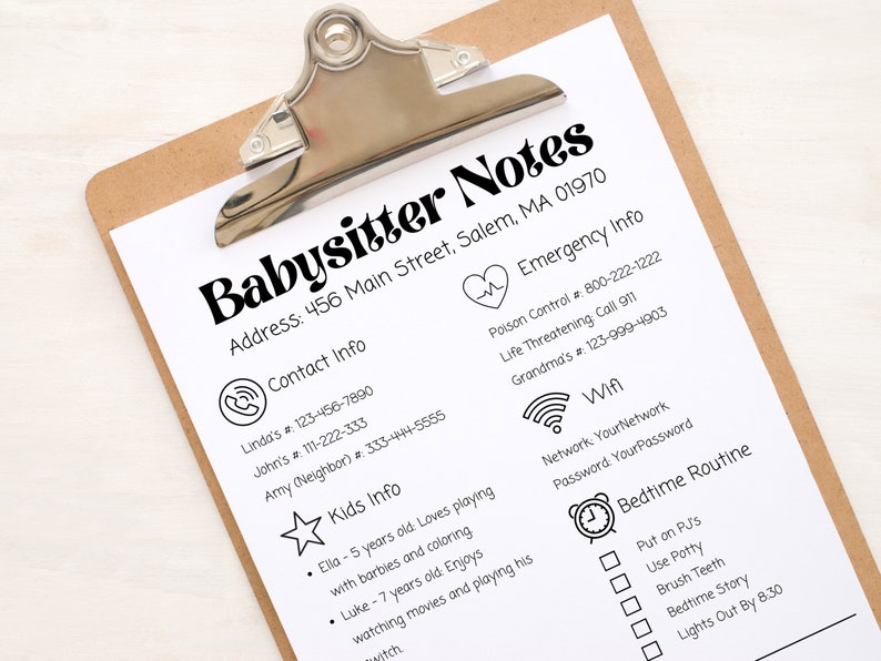Simple Babysitting Parents Printable | Babysitter's Information Pages ...