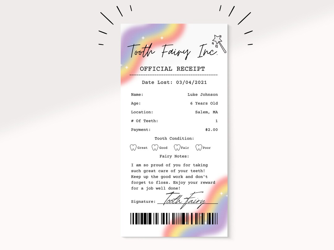 Editable Rainbow Tooth Fairy Receipt Printable Certificate | First ...