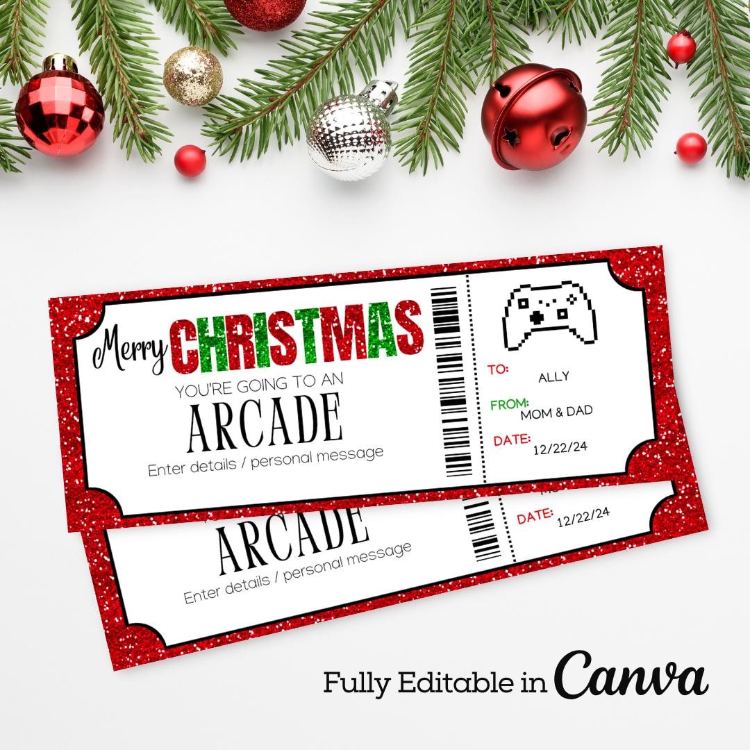 Christmas Kids Arcade Reveal Ticket | Arcade Gift Voucher | Editable ...