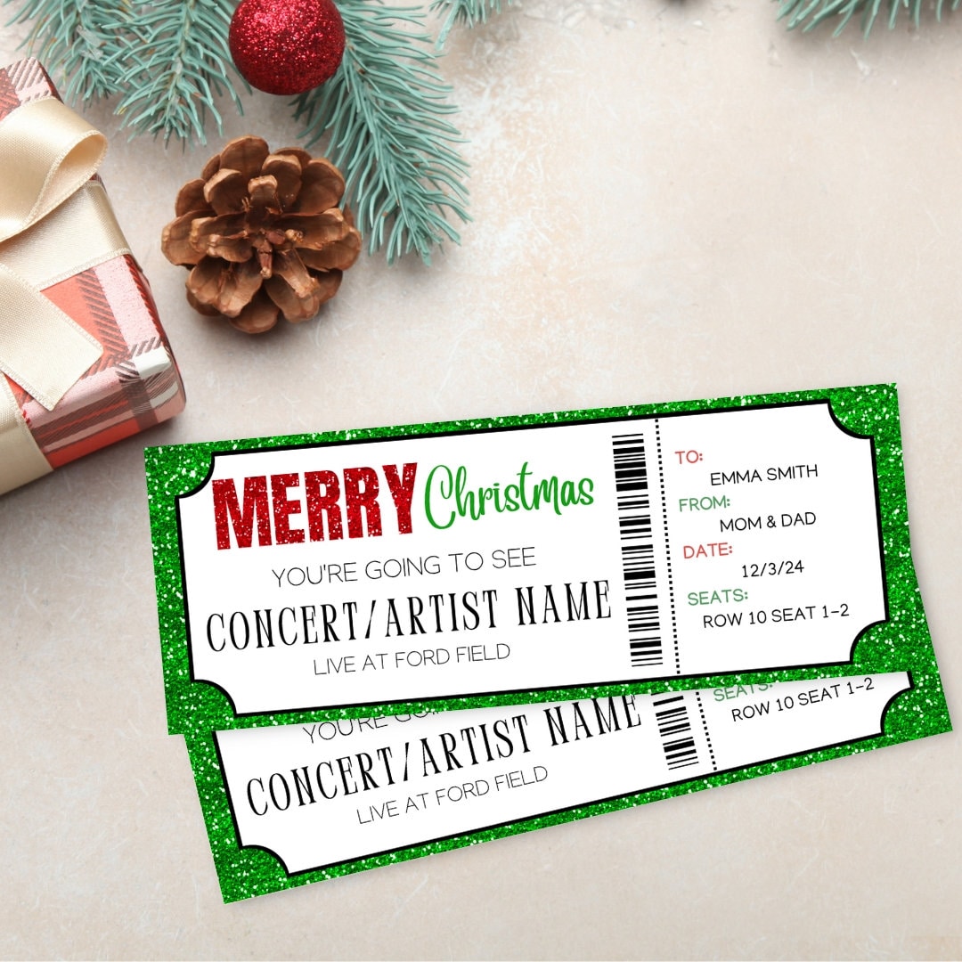 Christmas Concert Ticket Template | Editable Surprise XMAS Gift Card ...