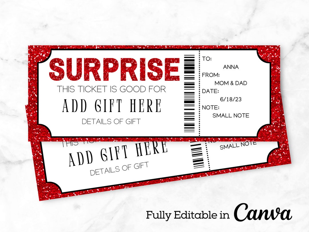 Red Sparkle Surprise Ticket Template | Editable Event Ticket | Canva ...