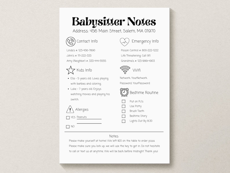 Simple Babysitting Parents Printable Babysitter's - Etsy
