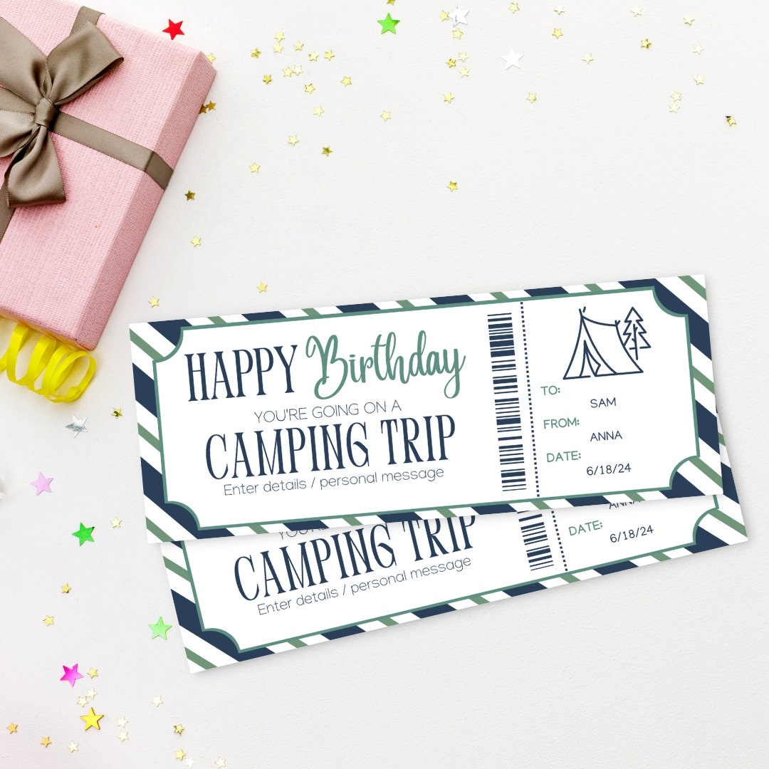 Birthday Camping Trip Ticket Template | Camping Trip Gift Voucher ...