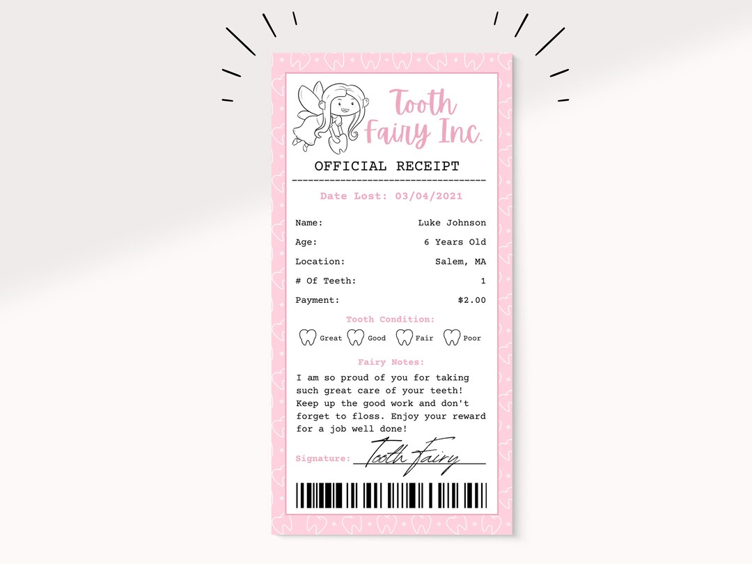Pink Tooth Fairy Receipt Template | Pink Lost Tooth Certificate | Tooth ...
