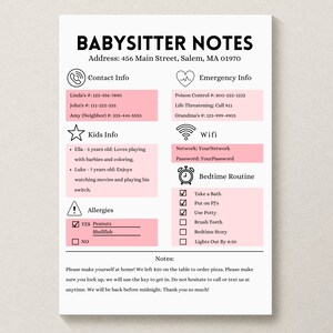 Pink Babysitter Information Sheet | Babysitter Checklist | Nanny Notes ...