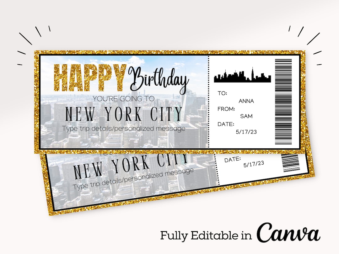Printable Gold New York Surprise Boarding Pass Ticket | NY Trip Ticket ...