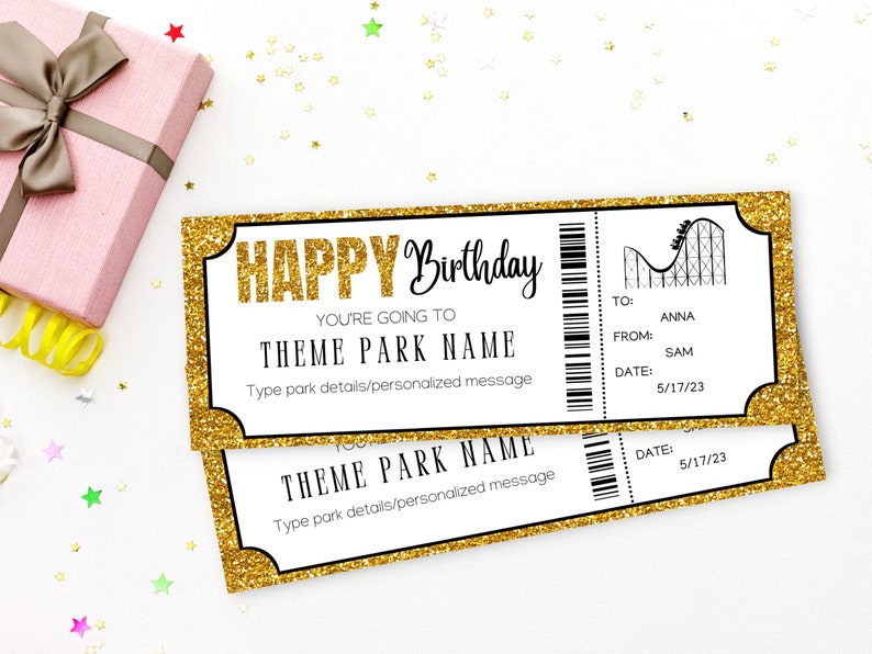 Birthday Theme Park Ticket | Gold Amusement Park Voucher | Theme Park ...