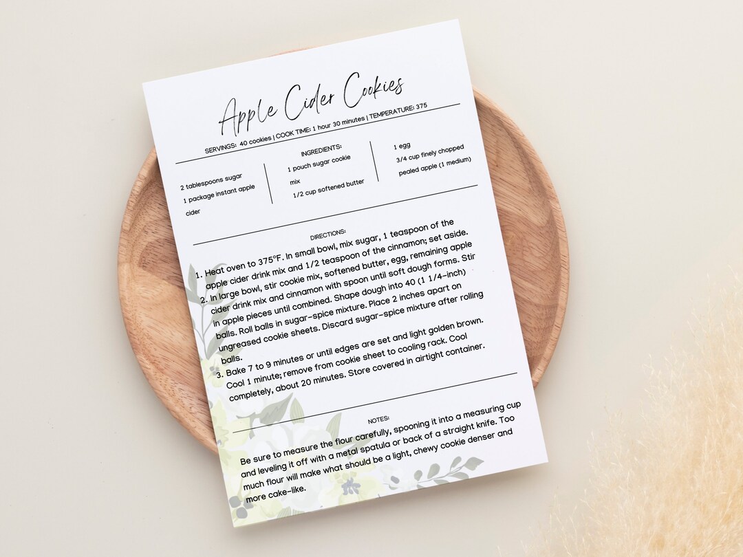 Floral Recipe Page Template | Editable Cookie Recipe Card | 8.5 X 11 ...