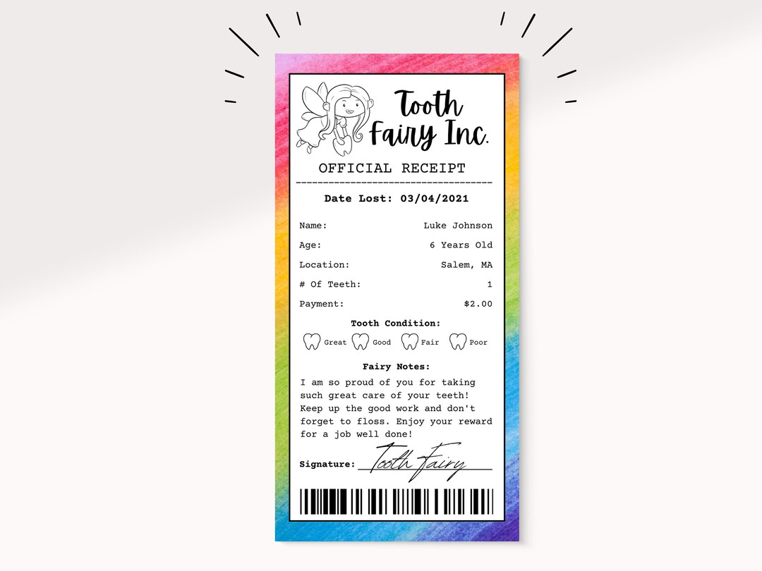 Rainbow Editable Tooth Fairy Receipt Printable Certificate | First ...