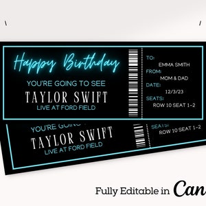 Neon Blue Concert Ticket Template | Editable Surprise Birthday Gift ...