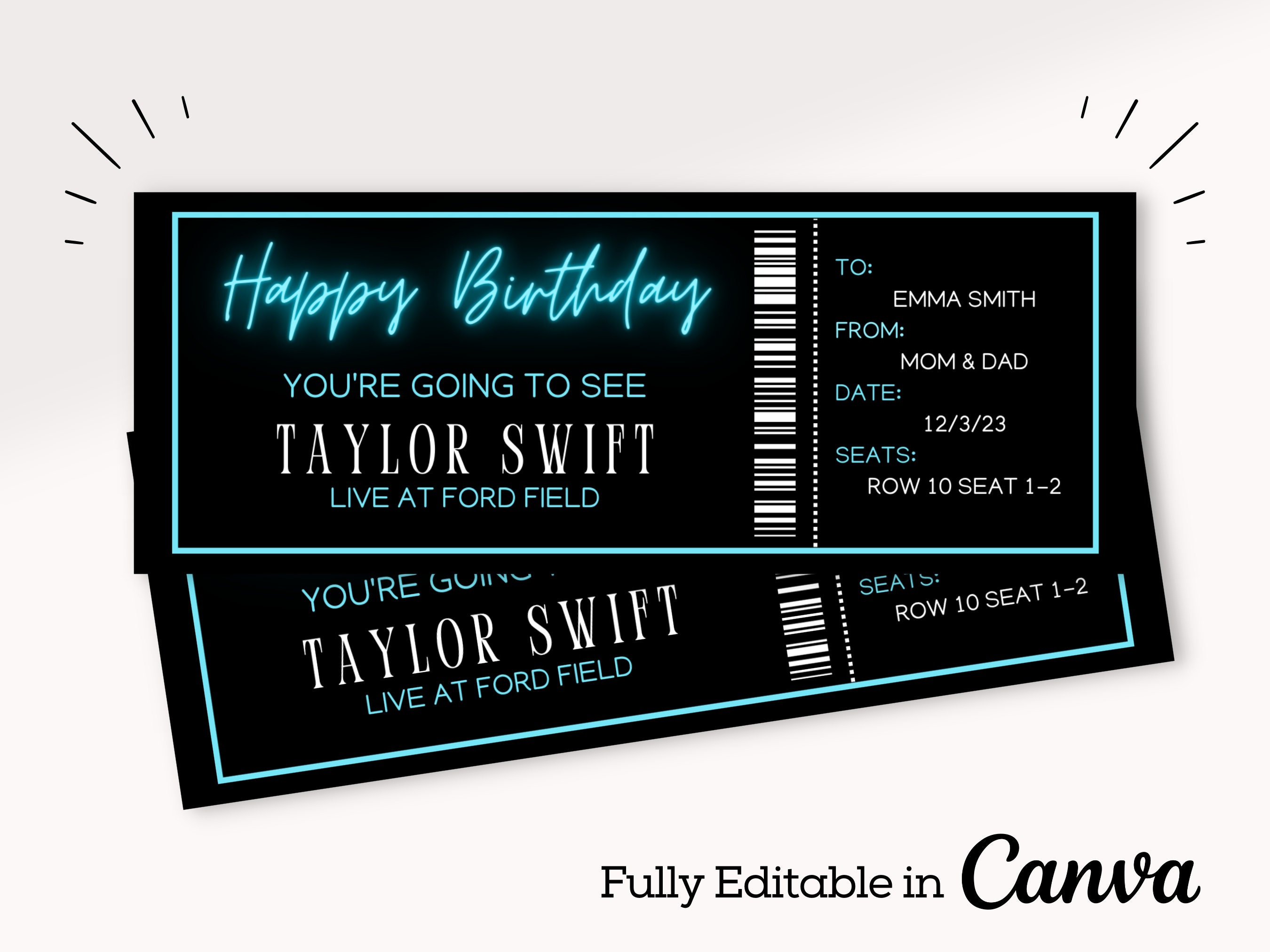 Neon Blue Concert Ticket Template Editable Surprise Birthday - Etsy