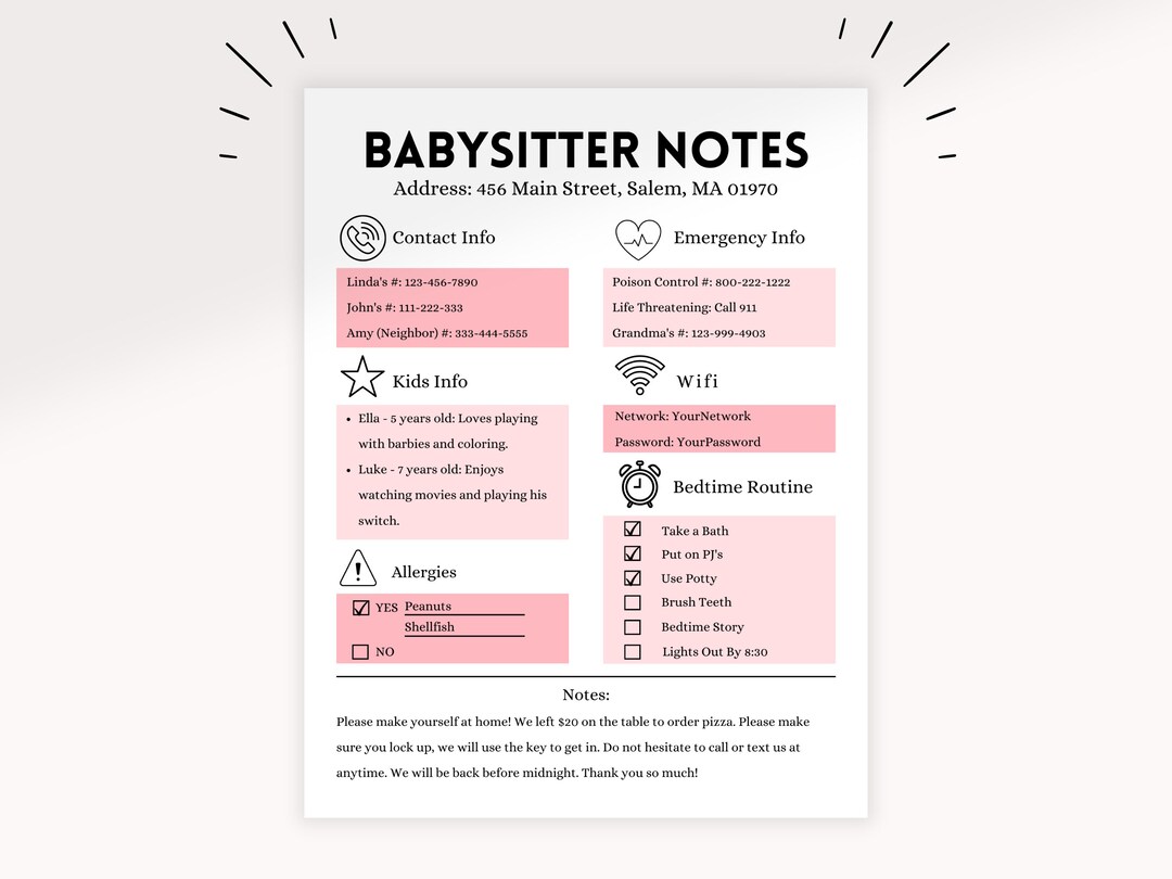 Pink Babysitter Information Sheet | Babysitter Checklist | Nanny Notes ...