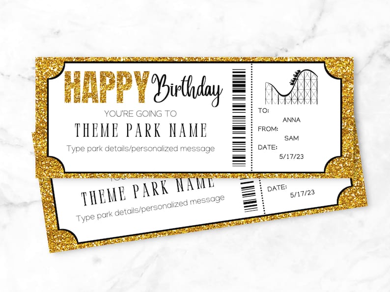 Birthday Theme Park Ticket | Gold Amusement Park Voucher | Theme Park ...