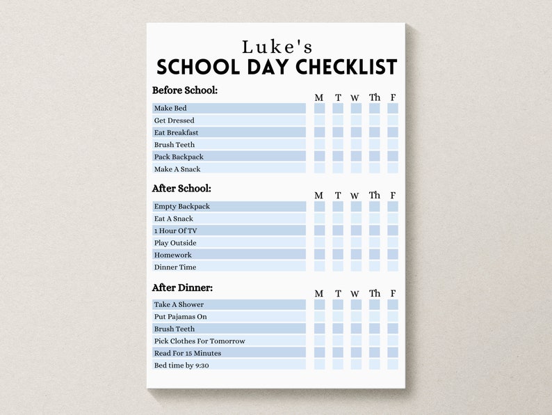 Blue Kids School Daily Checklist Kids Daily School Schedule - Etsy