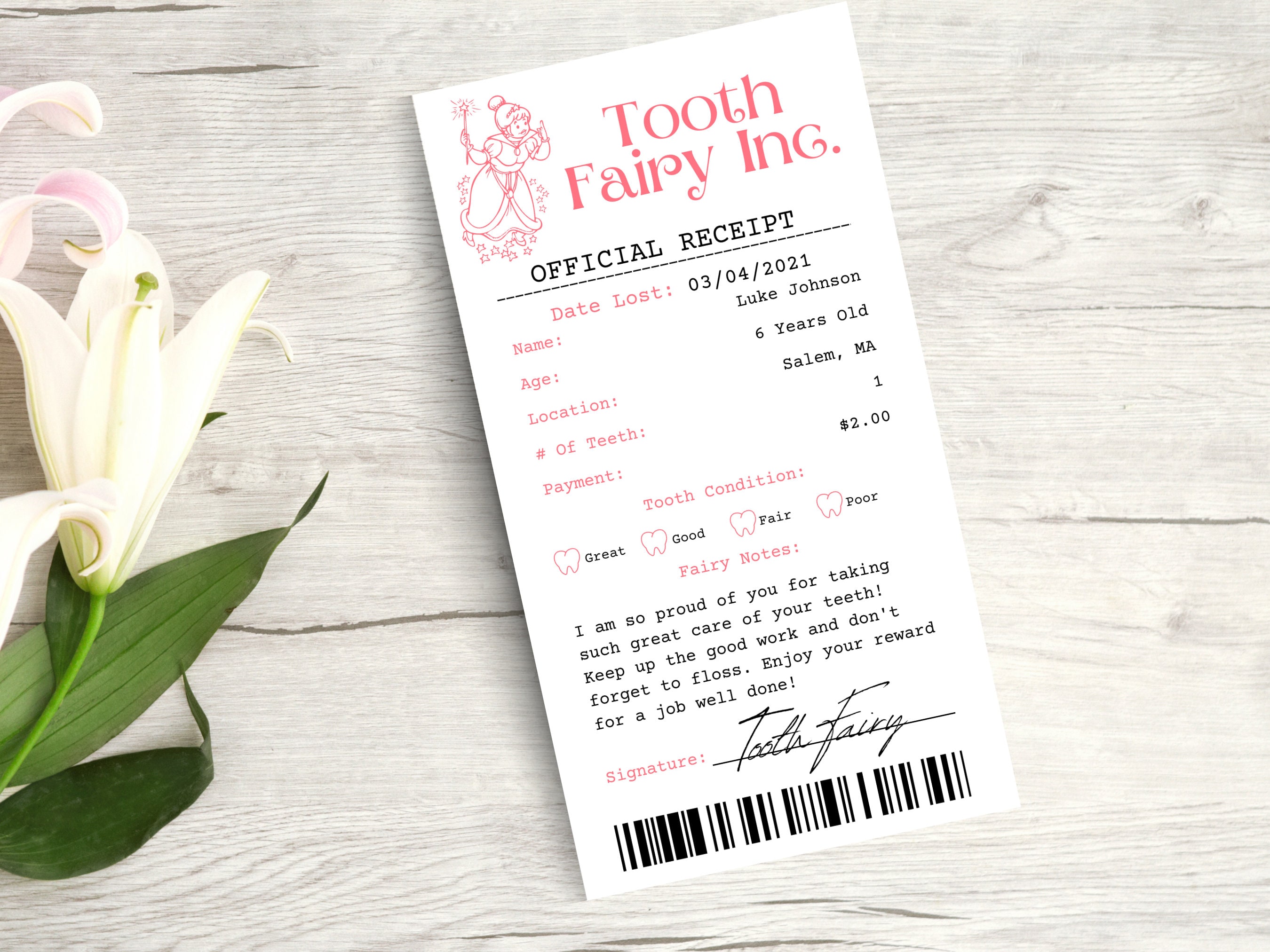 Pink Editable Tooth Fairy Receipt Printable | Pink Tooth Fairy Letter ...