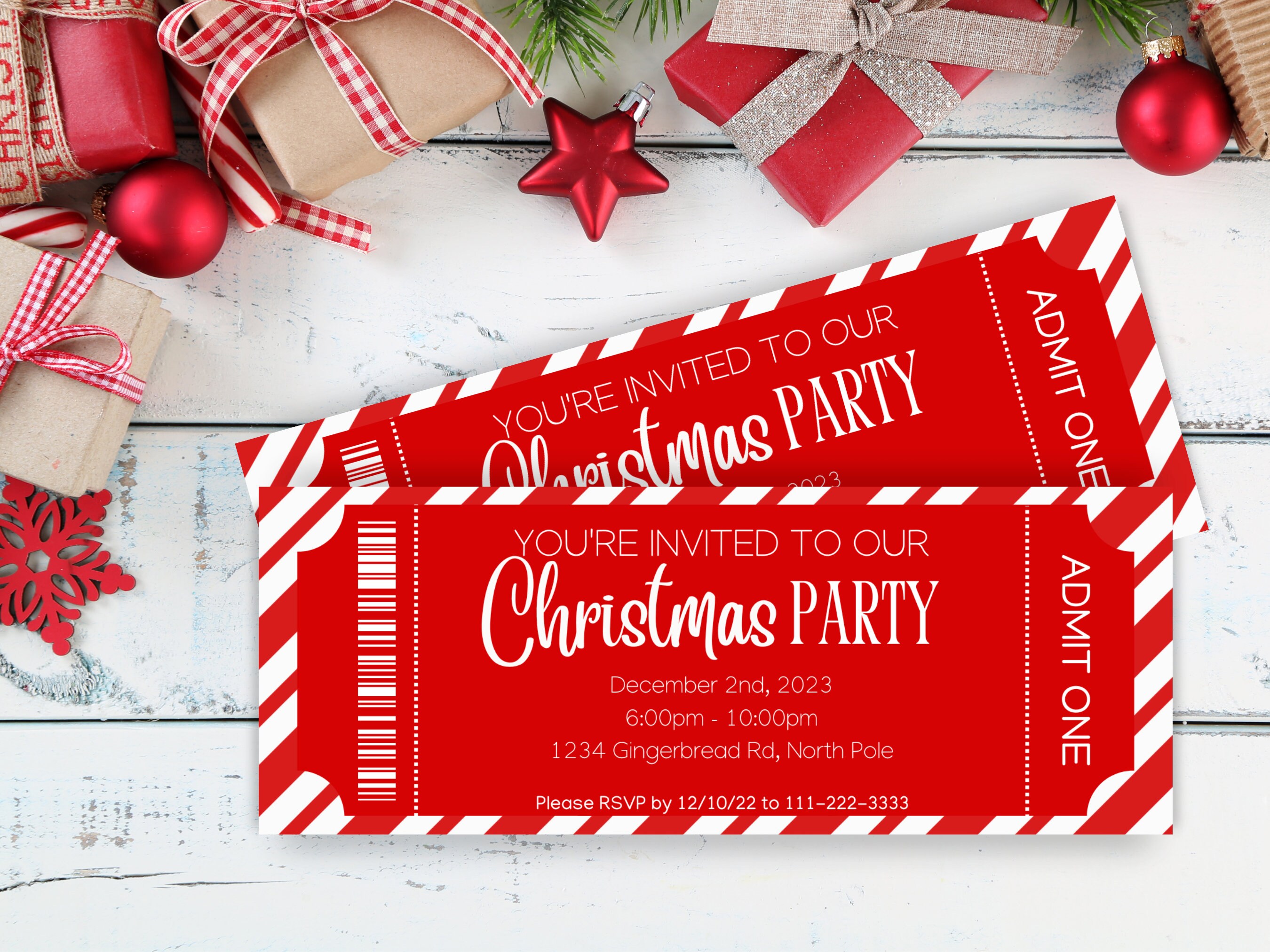 Christmas Party Ticket Template | Editable Winter Holiday Party Invite ...