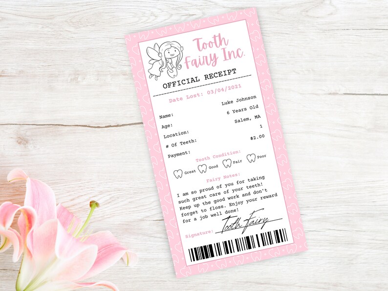 Pink Tooth Fairy Receipt Template Pink Lost Tooth - Etsy
