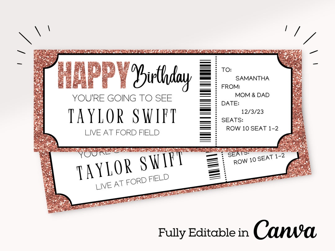 Rose Gold Birthday Concert Ticket Template | Editable Event Ticket ...