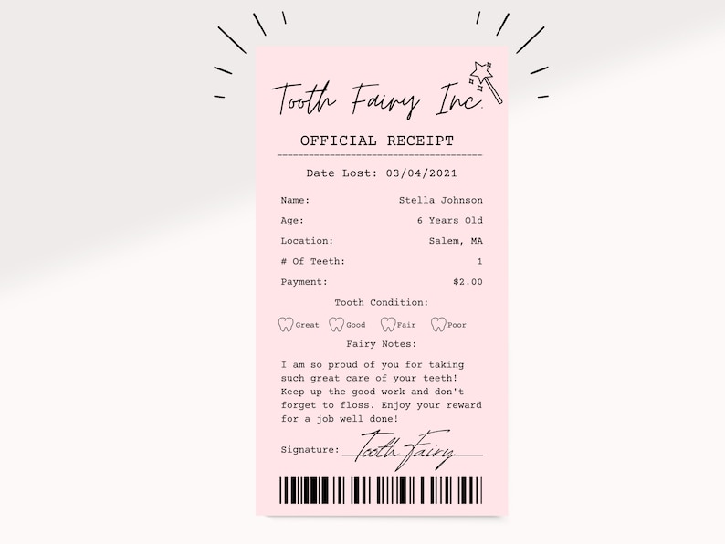 Pink Editable Tooth Fairy Receipt Printable Certificate - Etsy