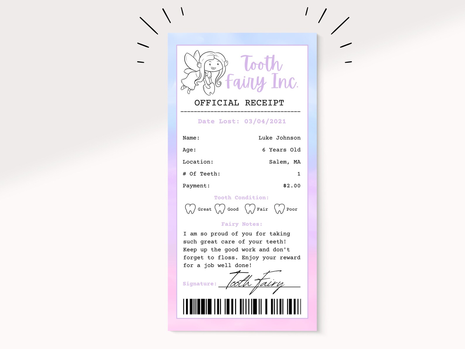 Editable Pastel Purple Tooth Fairy Receipt Printable Certificate ...
