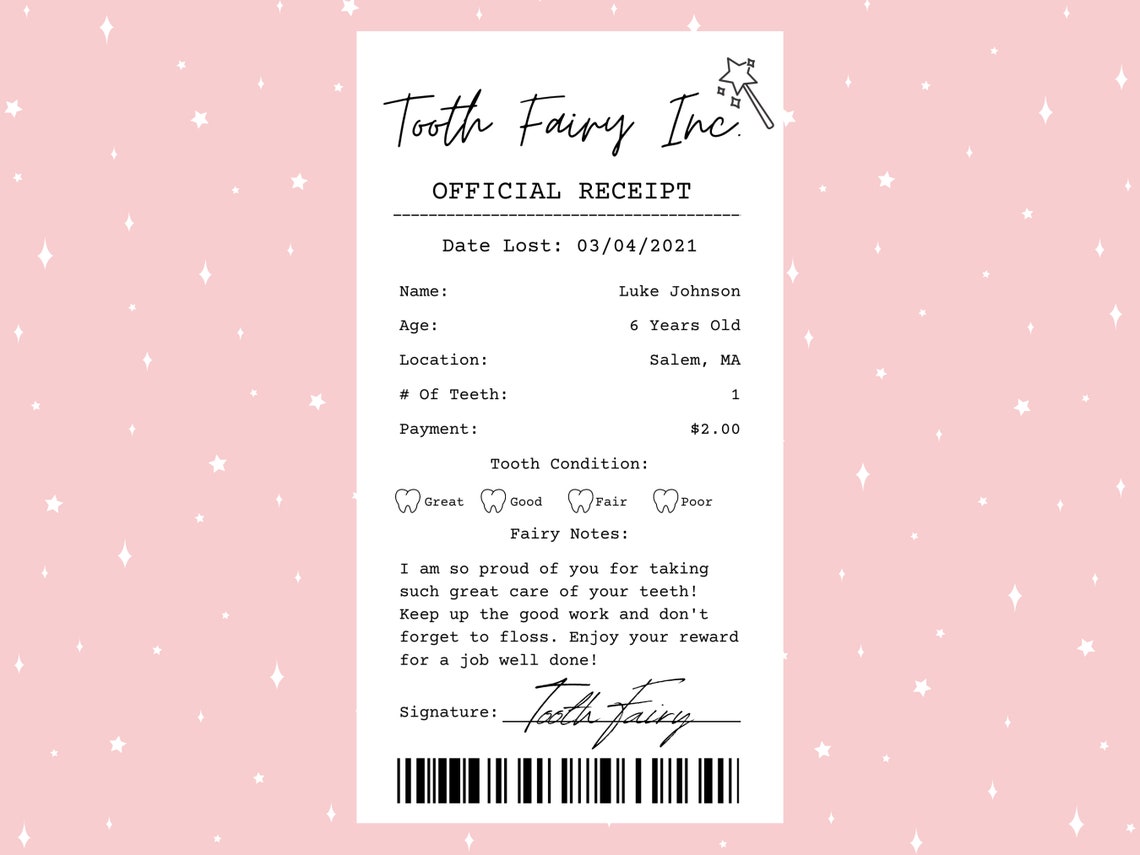 Editable Tooth Fairy Receipt Printable Certificate First - Etsy