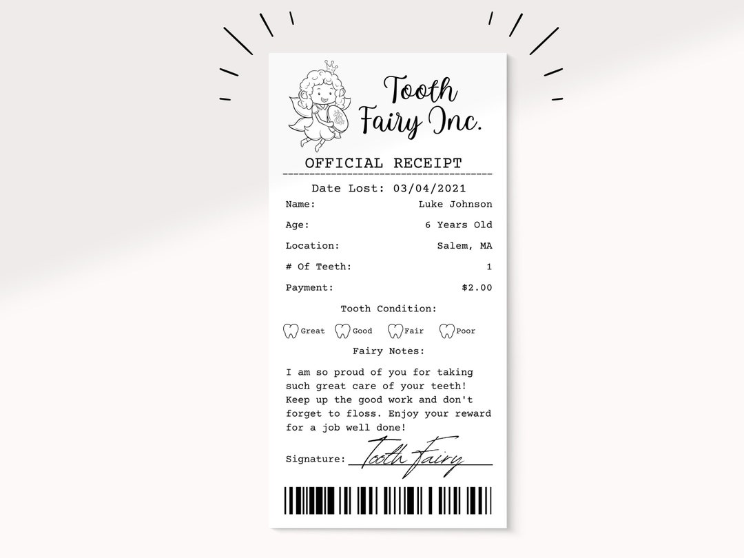 Cute Fairy Editable Tooth Fairy Receipt Printable Certificate | First ...