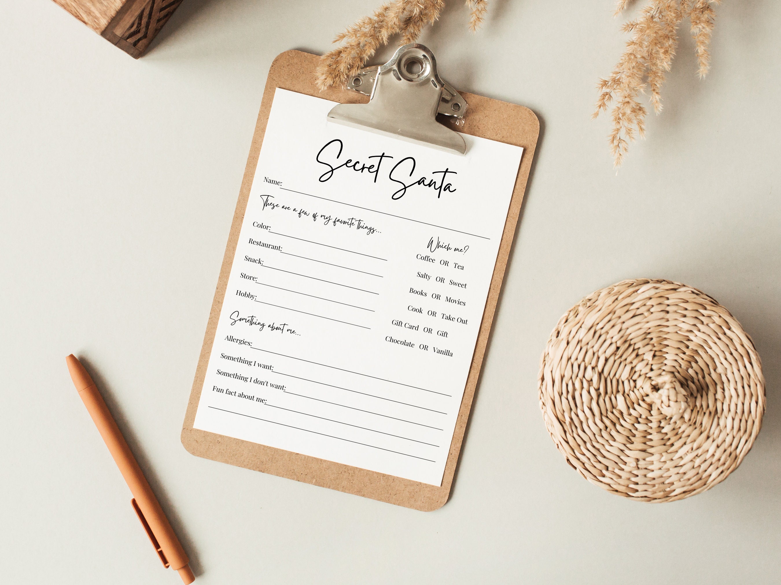 Minimalist Secret Santa Questionnaire Simple Printable - Etsy