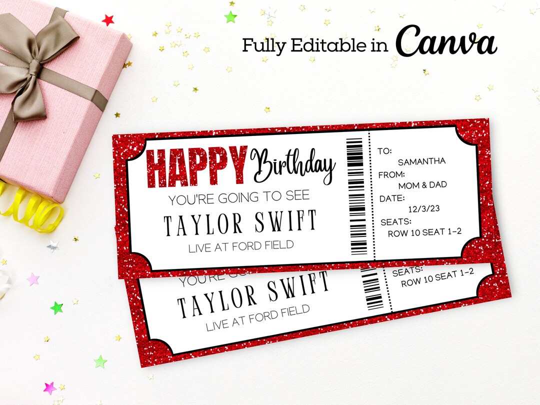 Red Glitter Birthday Gift Concert Ticket Template | Printable Gift ...