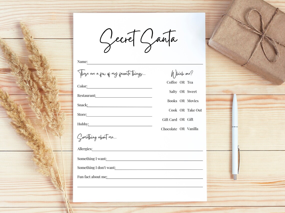 Minimalist Secret Santa Questionnaire Simple Printable - Etsy