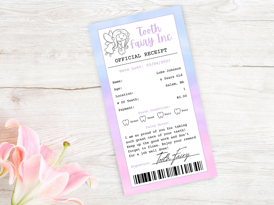 Editable Pastel Purple Tooth Fairy Receipt Printable Certificate ...