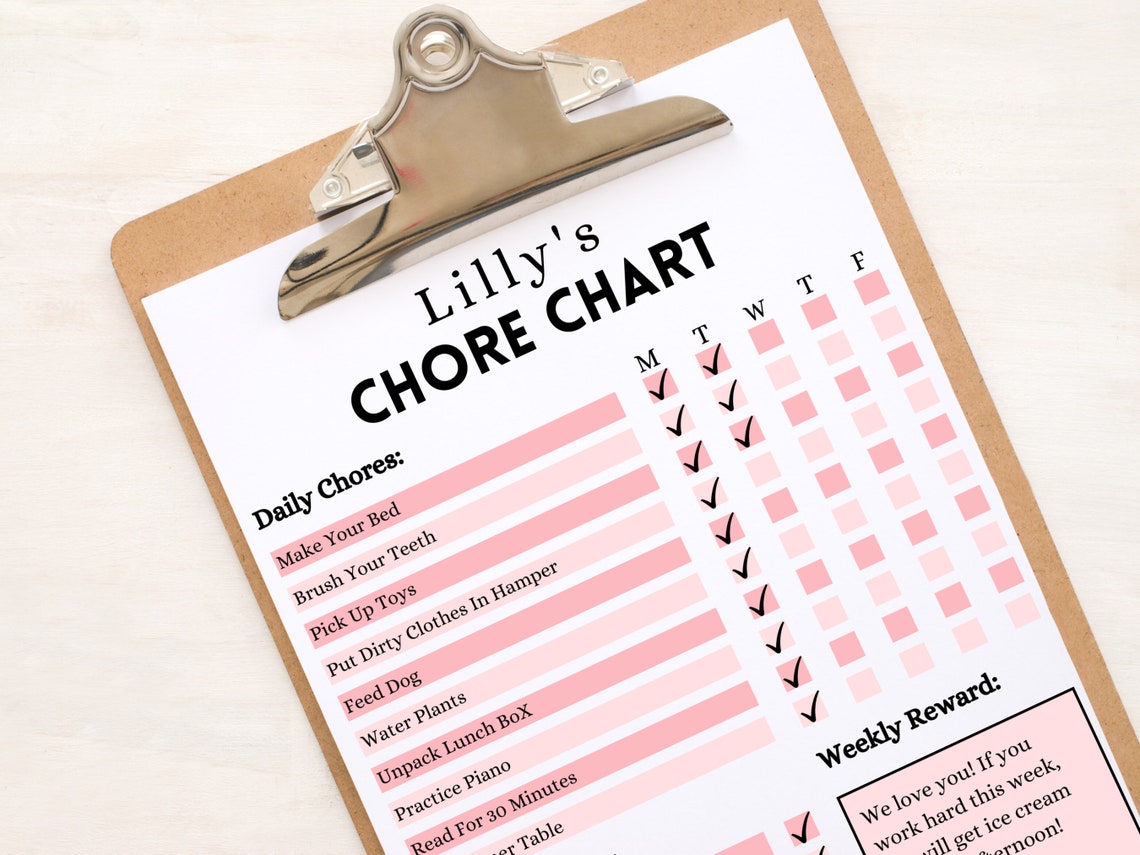 Pink Chore Chart for Kids Printable Weekly Chore Chart for - Etsy