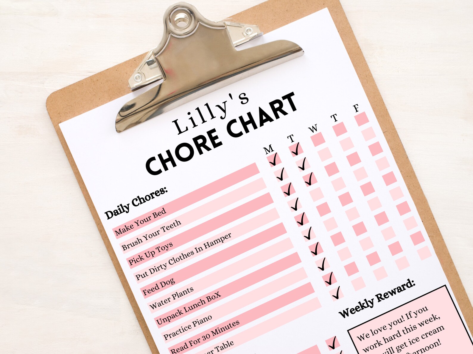Pink Chore Chart for Kids Printable | Weekly Chore Chart for Children ...