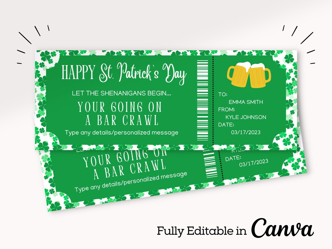 St. Patricks Day Bar Crawl Ticket | Printable Ticket Party Reveal ...