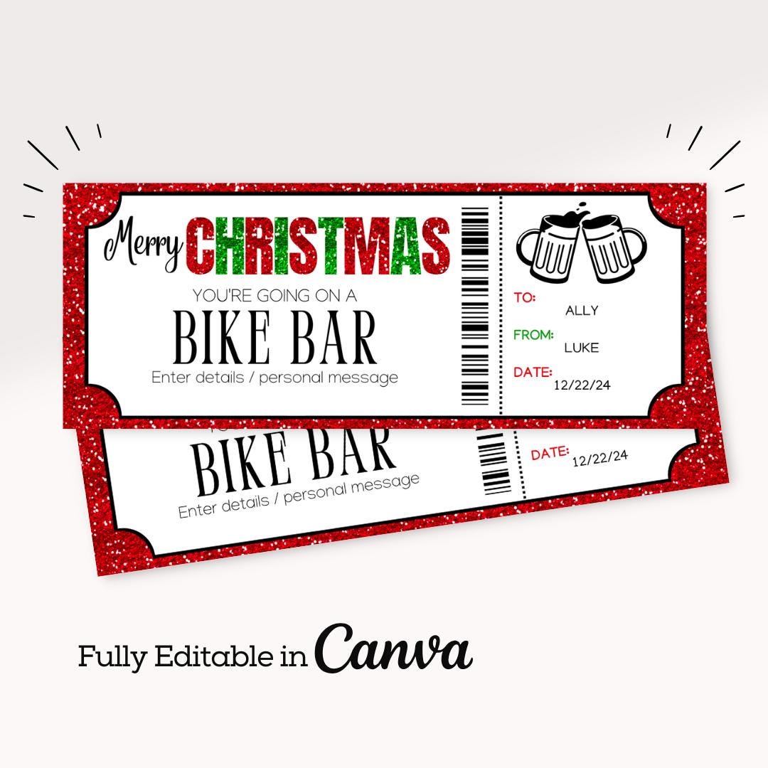 Printable Christmas Bike Bar Ticket | Editable Bicycle Bar Coupon | Day ...