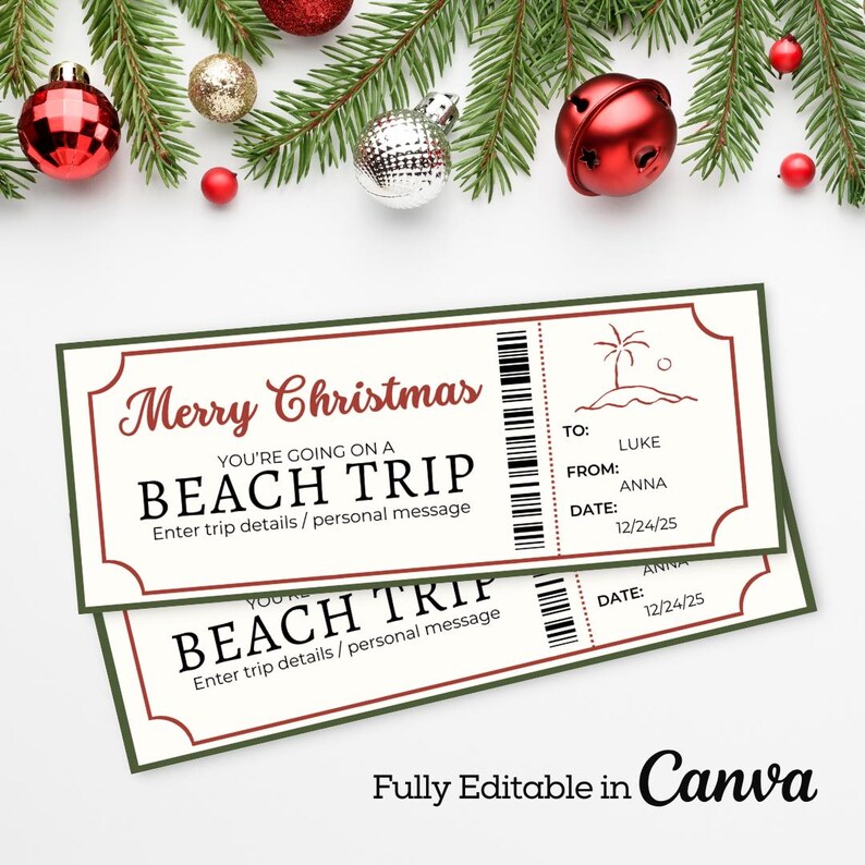Christmas Beach Trip Ticket | Beach Vacation Gift Coupon | Printable ...