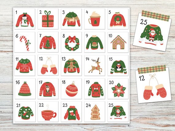 Advent Calendar Printable Ugly Christmas Sweater Countdown - Etsy