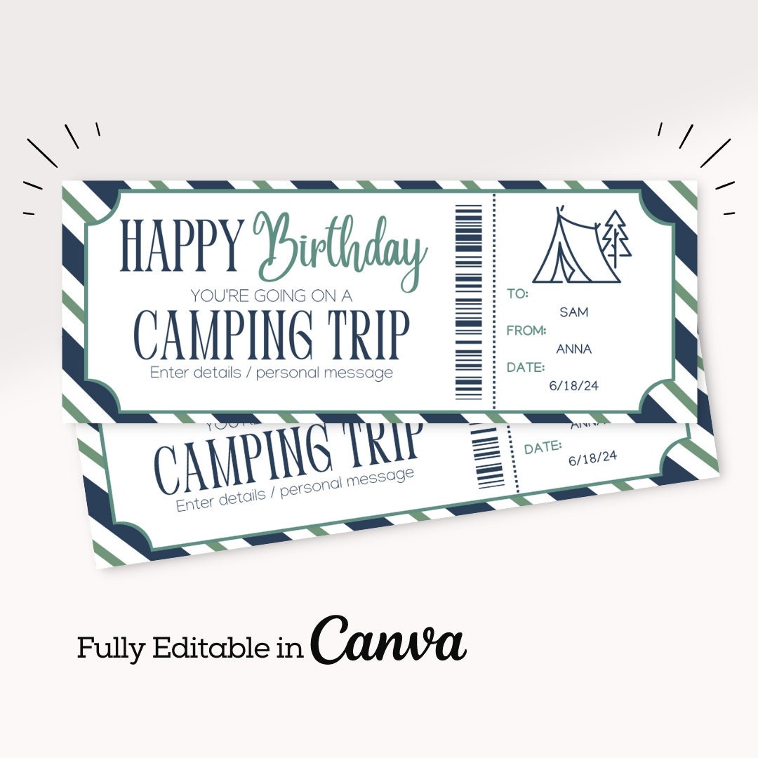 Birthday Camping Trip Ticket Template | Camping Trip Gift Voucher ...